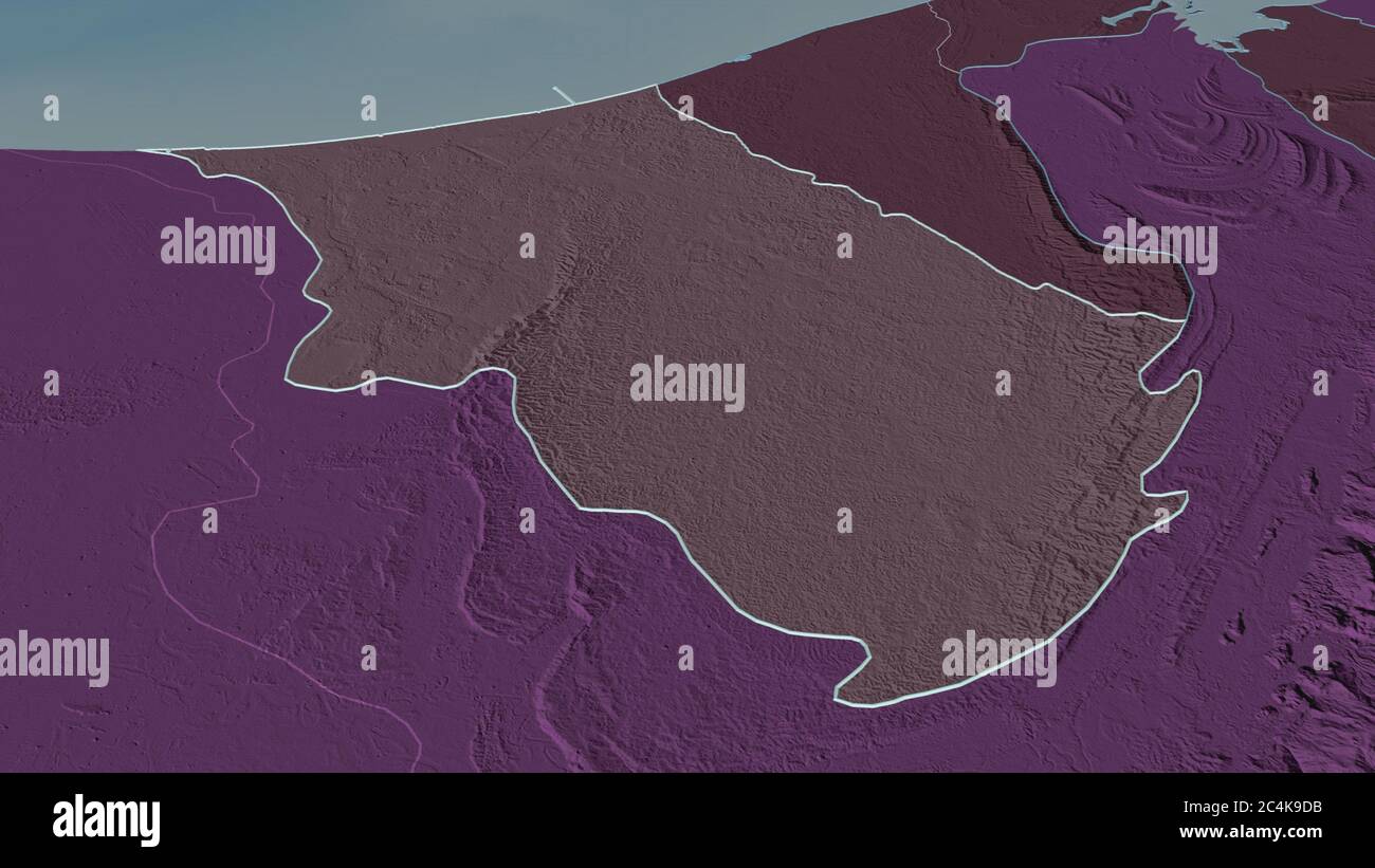 Zoom in on Belait (district of Brunei) outlined. Oblique perspective ...
