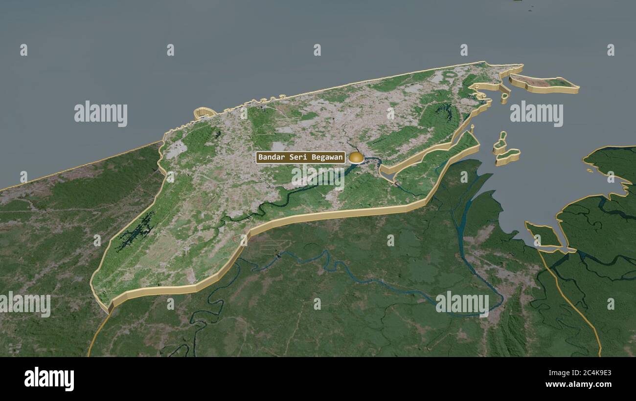 Zoom in on Brunei and Muara (district of Brunei) extruded. Oblique ...
