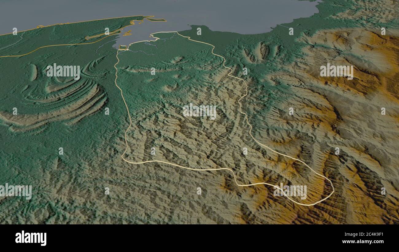 Zoom in on Temburong (district of Brunei) outlined. Oblique perspective ...