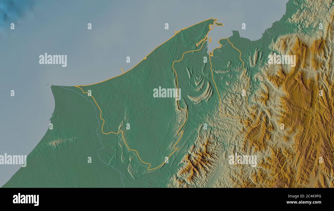 Outlined shape of the Brunei area. Topographic relief map with surface ...