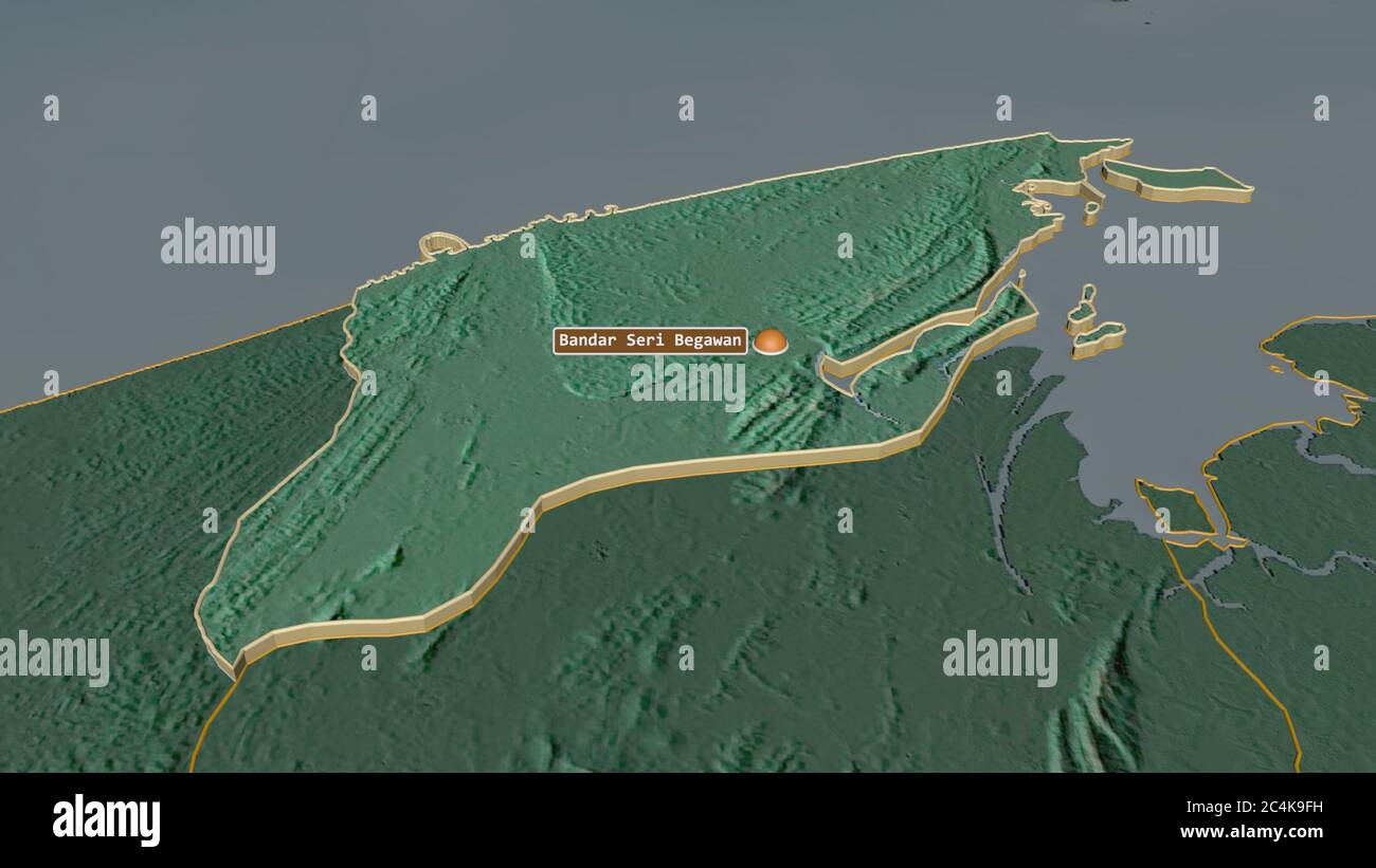 Zoom in on Brunei and Muara (district of Brunei) extruded. Oblique ...