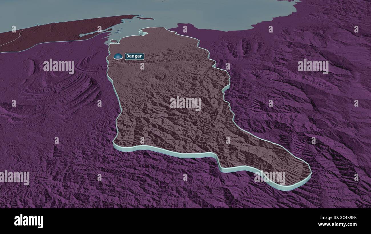Zoom in on Temburong (district of Brunei) extruded. Oblique perspective ...