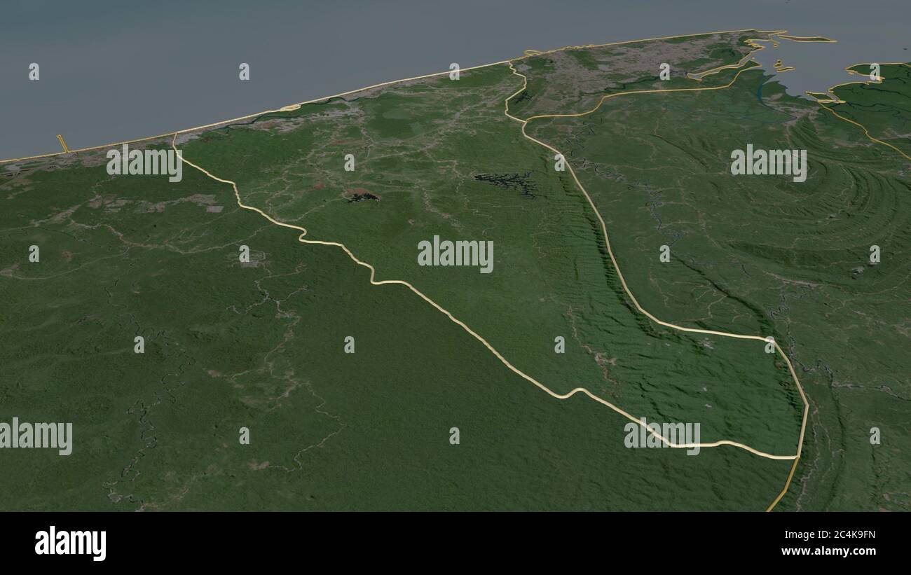 Zoom in on Tutong (district of Brunei) outlined. Oblique perspective ...