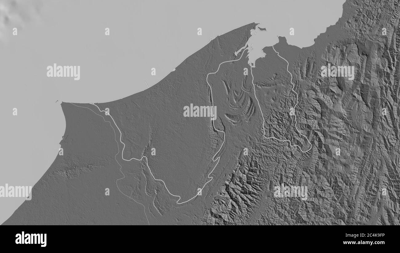 Outlined shape of the Brunei area. Bilevel elevation map with surface ...
