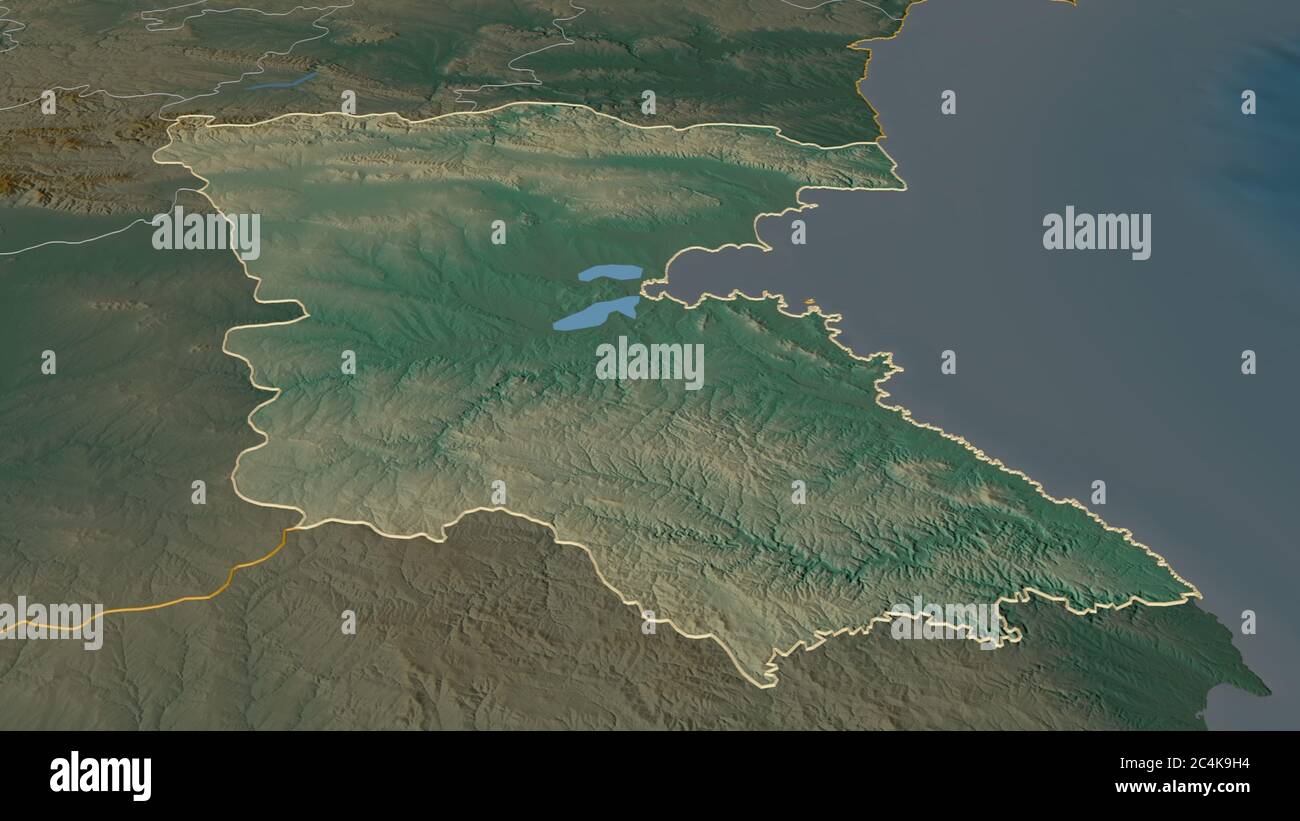 Zoom in on Burgas (province of Bulgaria) outlined. Oblique perspective ...