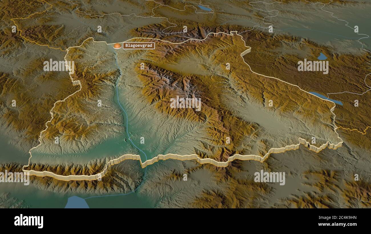 Zoom in on Blagoevgrad (province of Bulgaria) extruded. Oblique ...