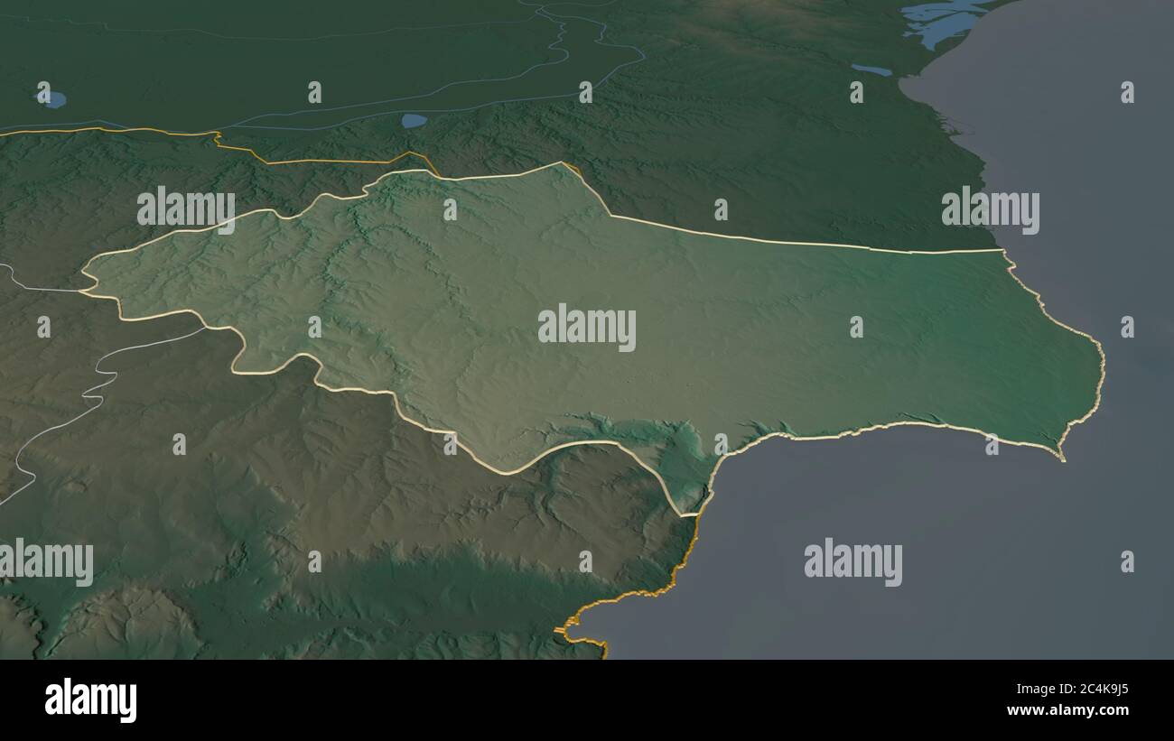 Zoom in on Dobrich (province of Bulgaria) outlined. Oblique perspective ...