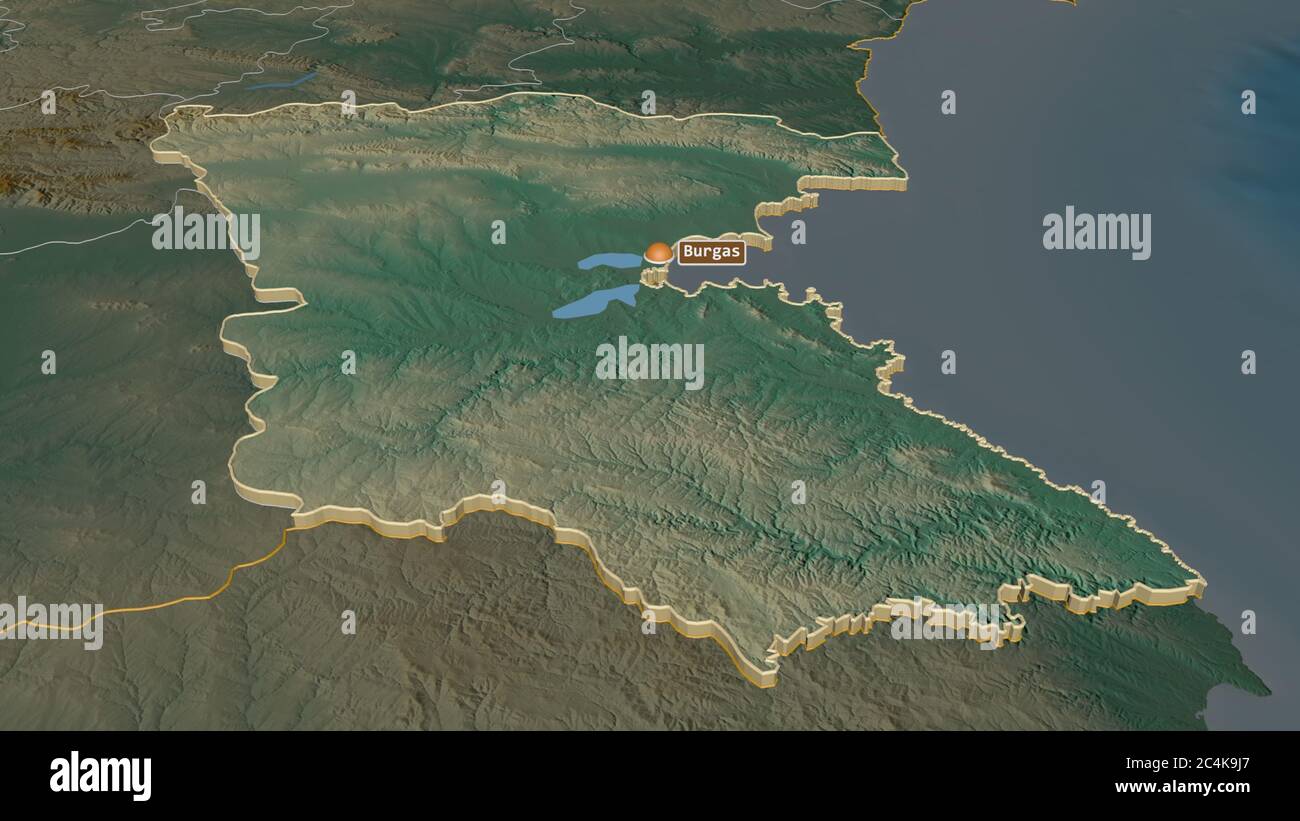 Zoom in on Burgas (province of Bulgaria) extruded. Oblique perspective ...