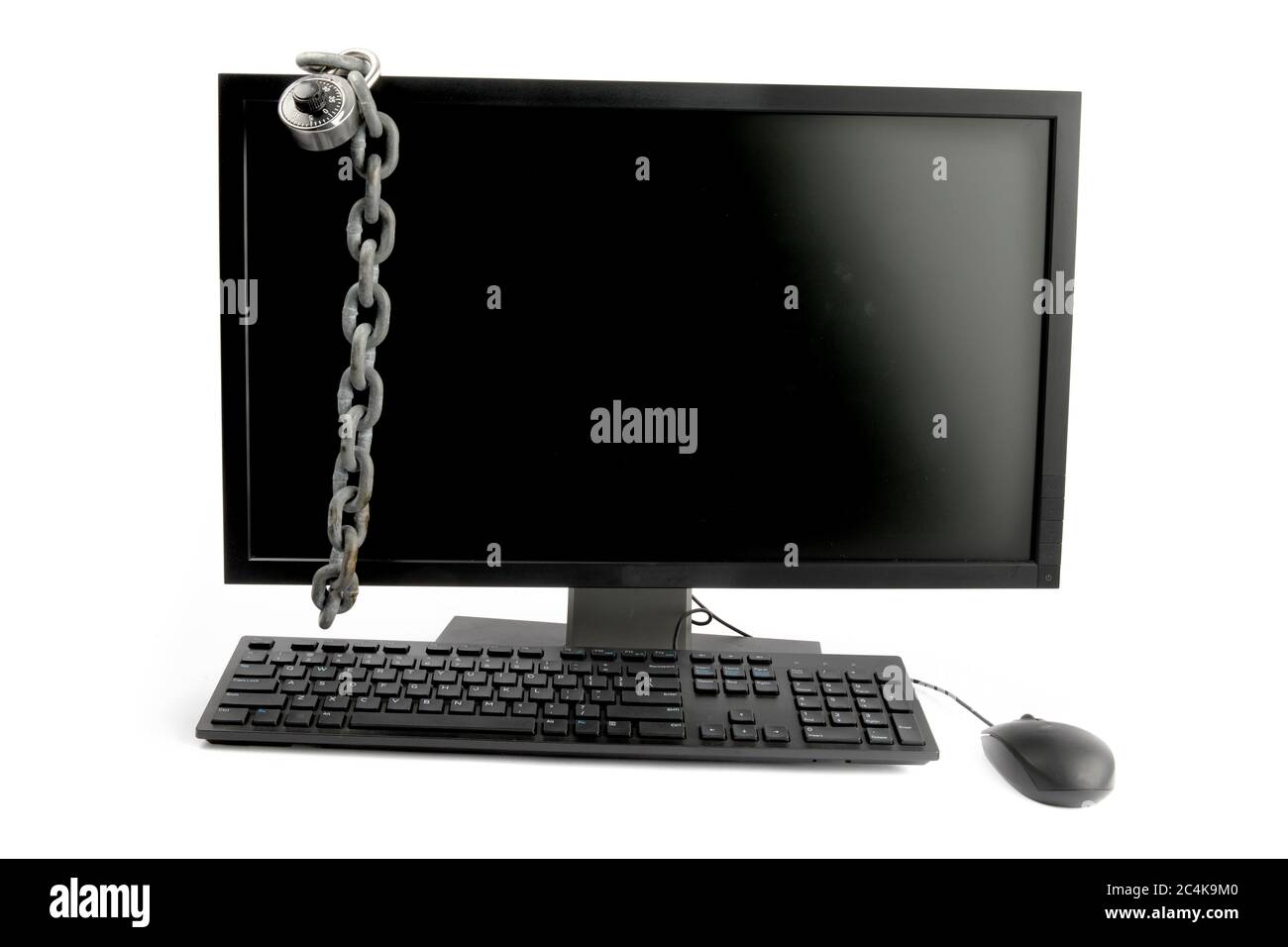 a computer monitor with a chain and lock wrapped around it isolated on ...