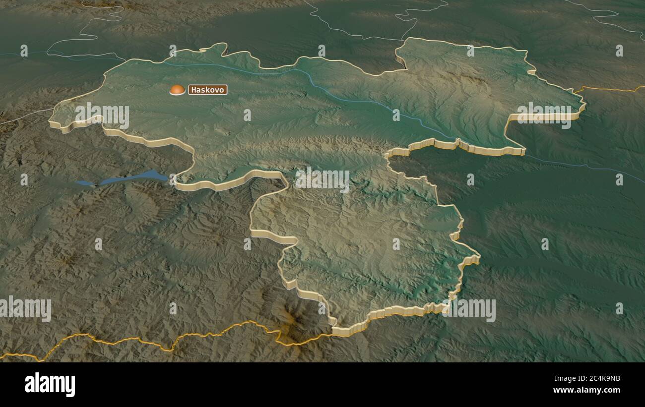 Zoom in on Haskovo (province of Bulgaria) extruded. Oblique perspective ...