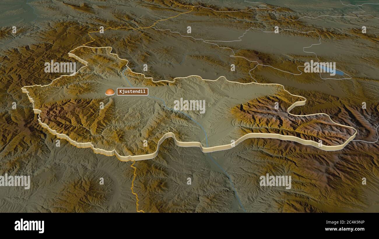 Zoom in on Kyustendil (province of Bulgaria) extruded. Oblique ...