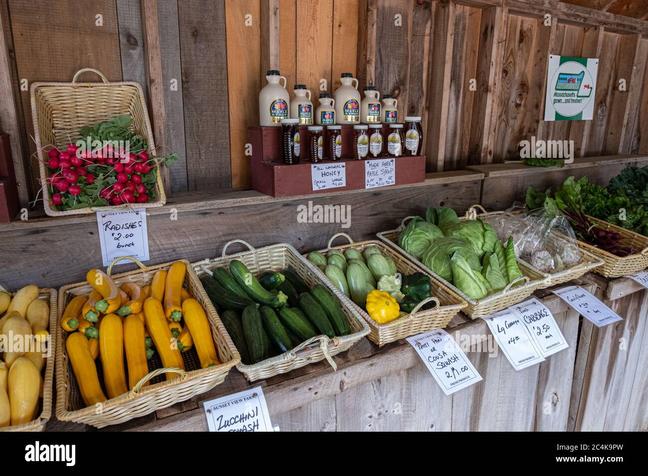 A local fruit and vegetable stand in a rural town in Massachusetts ...