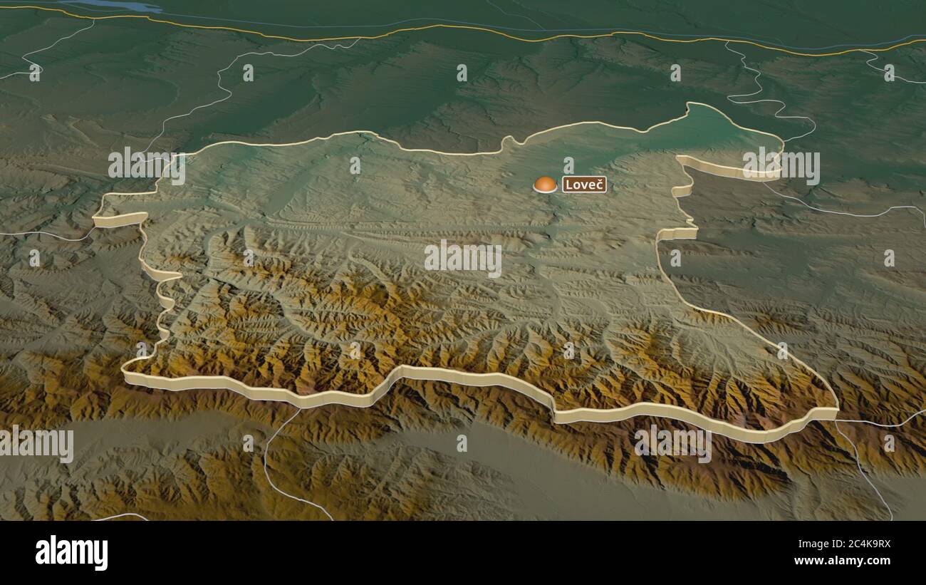 Zoom in on Lovech (province of Bulgaria) extruded. Oblique perspective ...