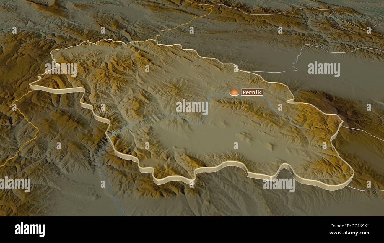 Zoom in on Pernik (province of Bulgaria) extruded. Oblique perspective ...
