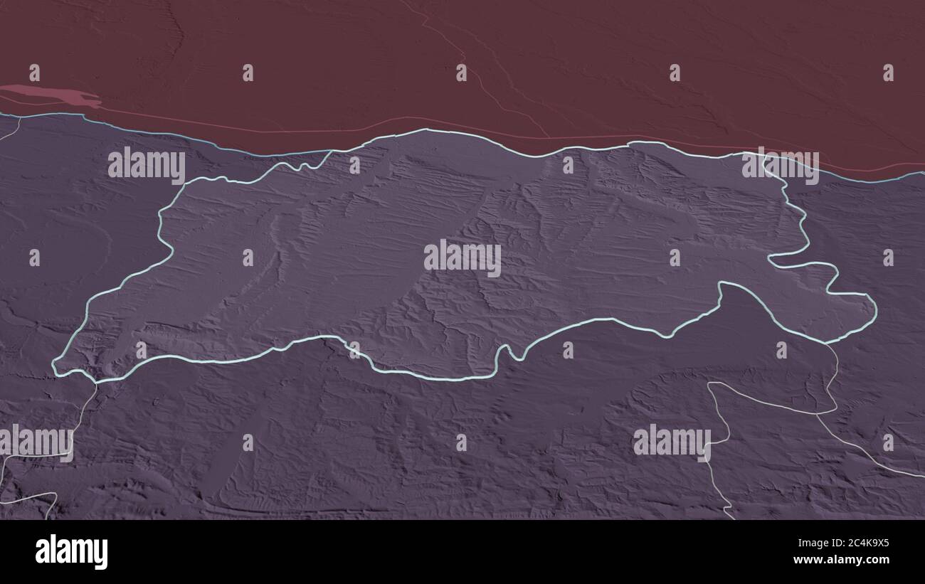 Zoom in on Pleven (province of Bulgaria) outlined. Oblique perspective ...
