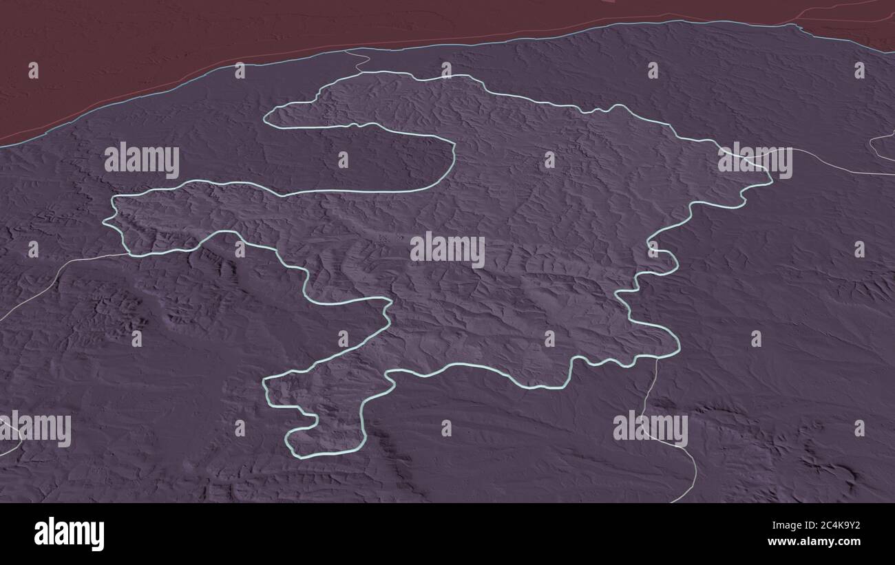 Zoom in on Razgrad (province of Bulgaria) outlined. Oblique perspective ...