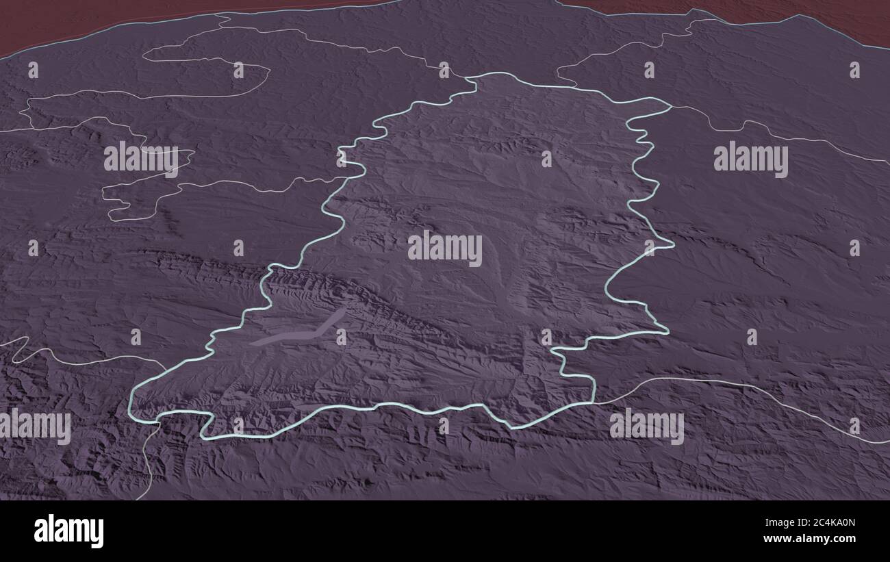Zoom in on Shumen (province of Bulgaria) outlined. Oblique perspective ...