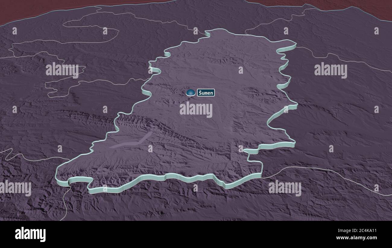 Zoom in on Shumen (province of Bulgaria) extruded. Oblique perspective ...