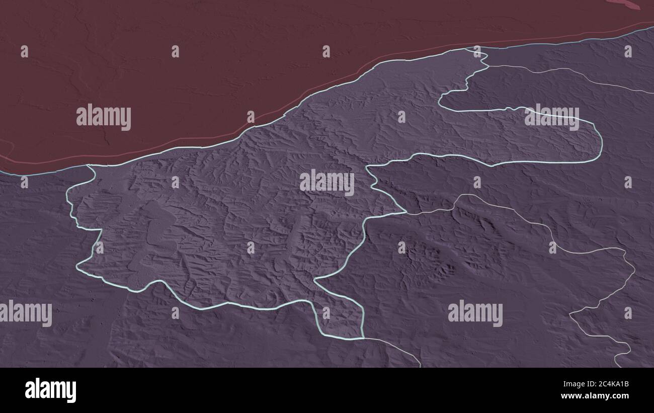 Zoom in on Ruse (province of Bulgaria) outlined. Oblique perspective ...