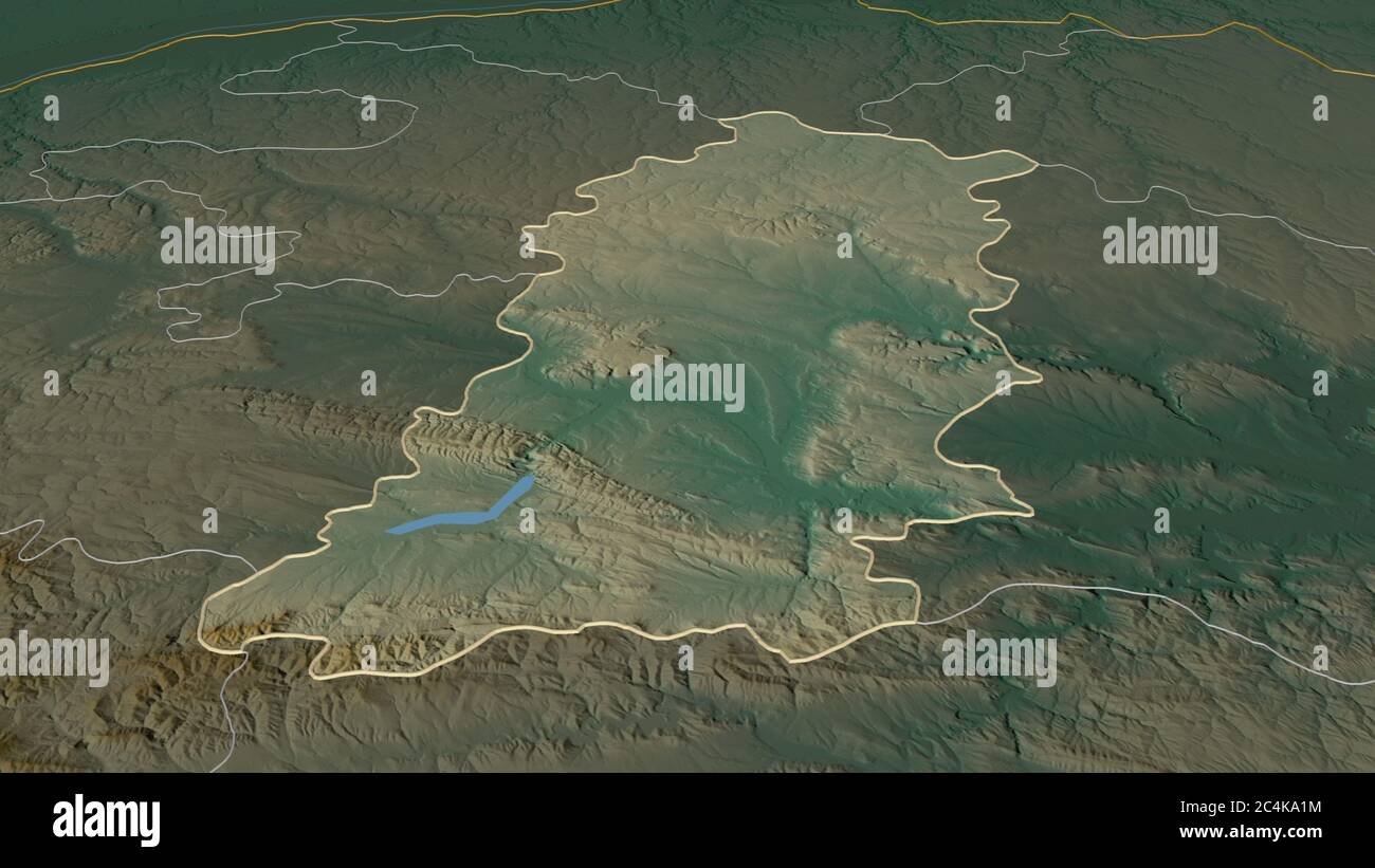 Zoom in on Shumen (province of Bulgaria) outlined. Oblique perspective ...