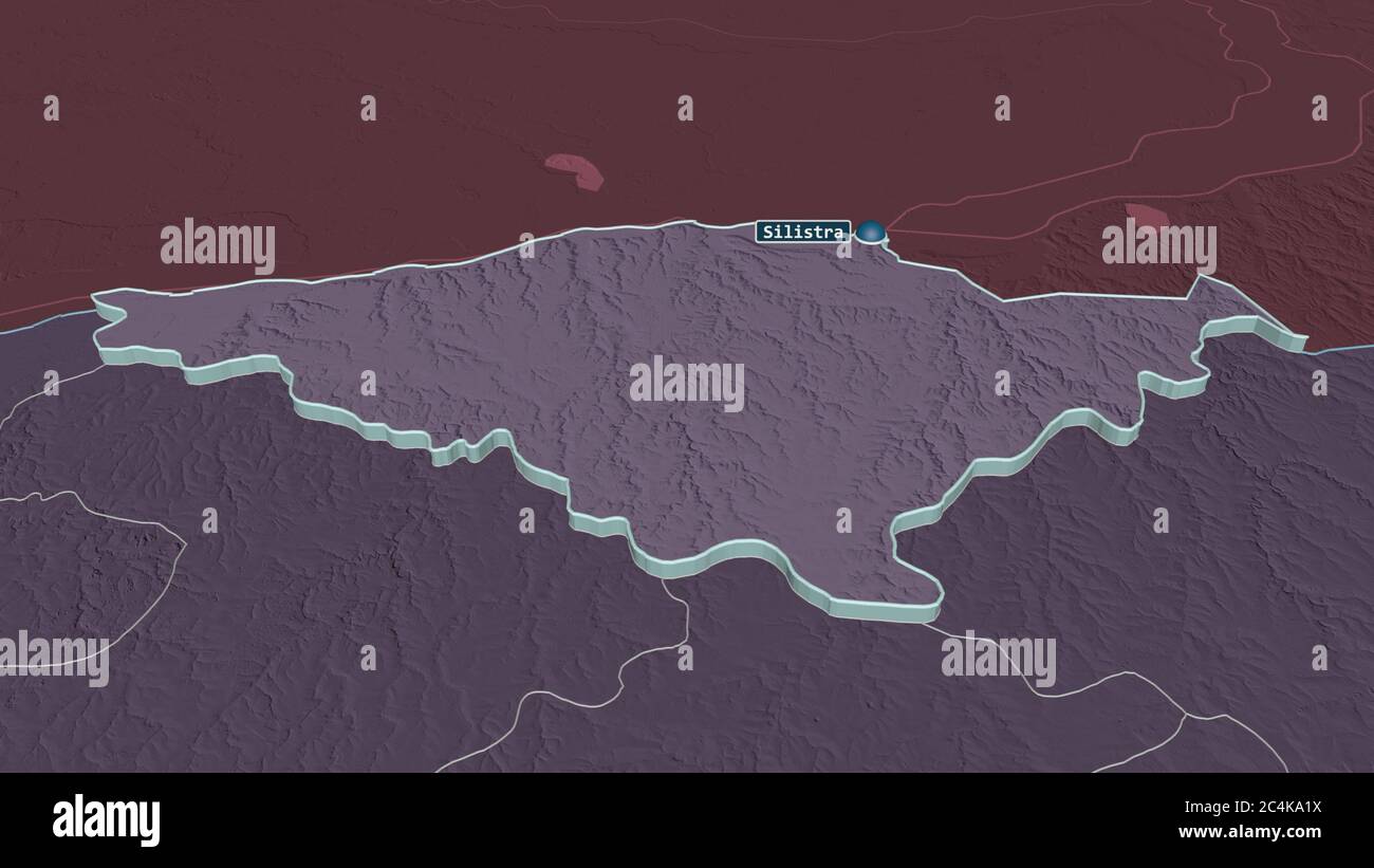Zoom in on Silistra (province of Bulgaria) extruded. Oblique ...