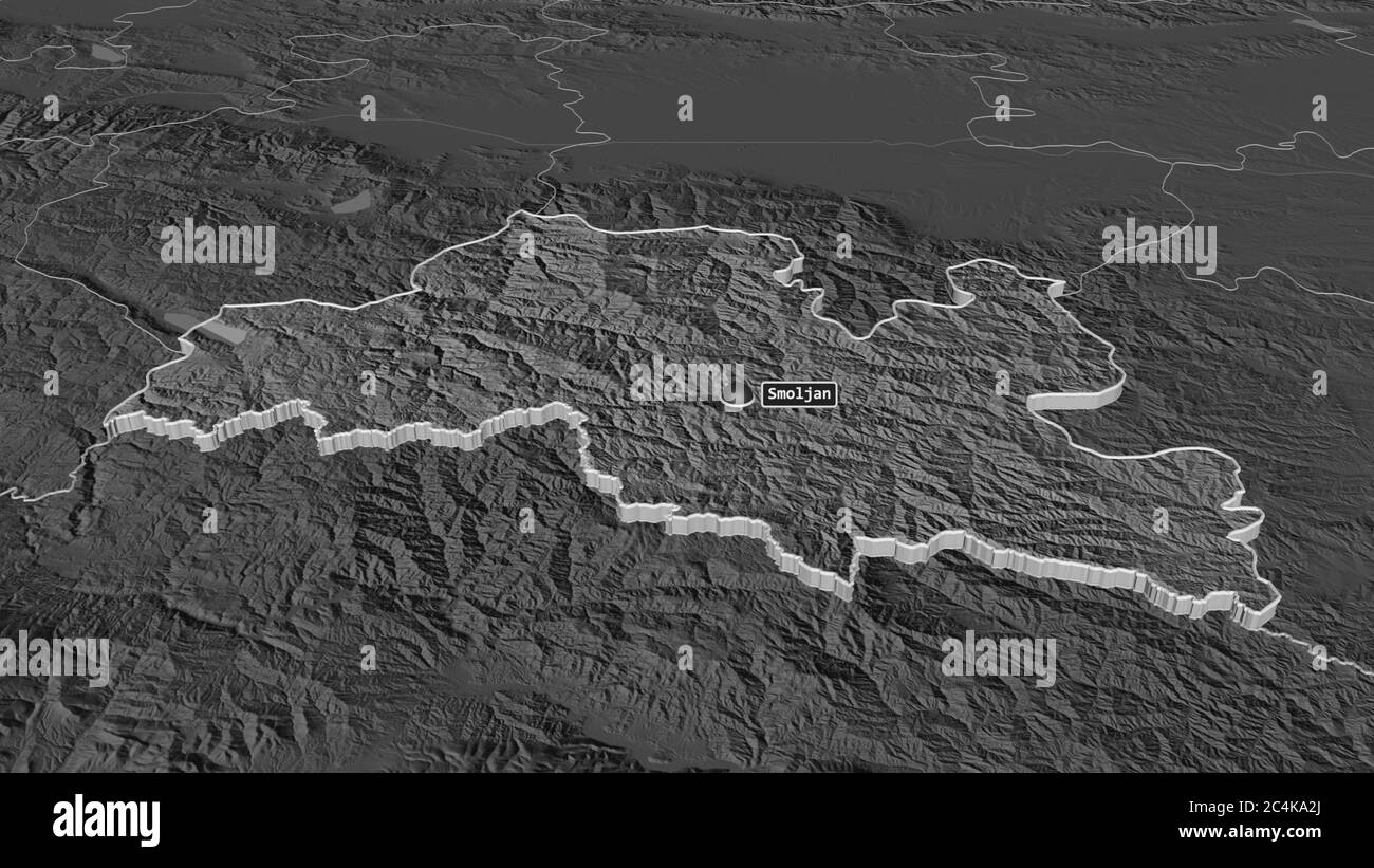 Zoom in on Smolyan (province of Bulgaria) extruded. Oblique perspective ...