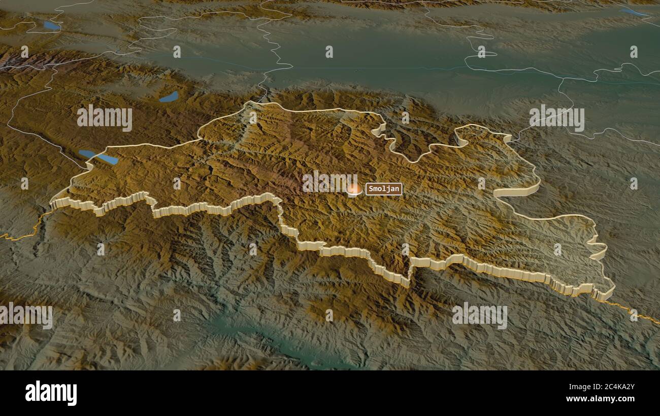 Zoom in on Smolyan (province of Bulgaria) extruded. Oblique perspective ...