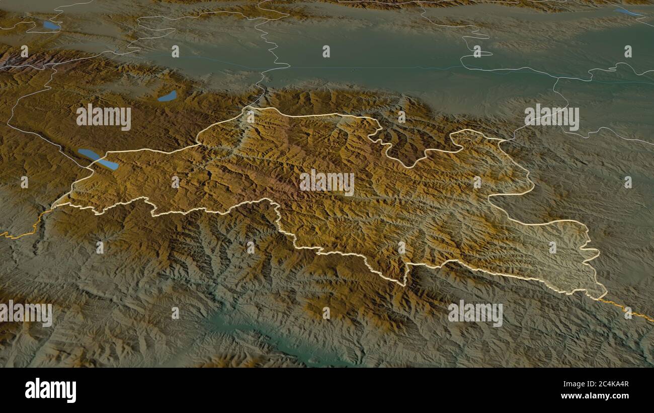 Zoom in on Smolyan (province of Bulgaria) outlined. Oblique perspective ...