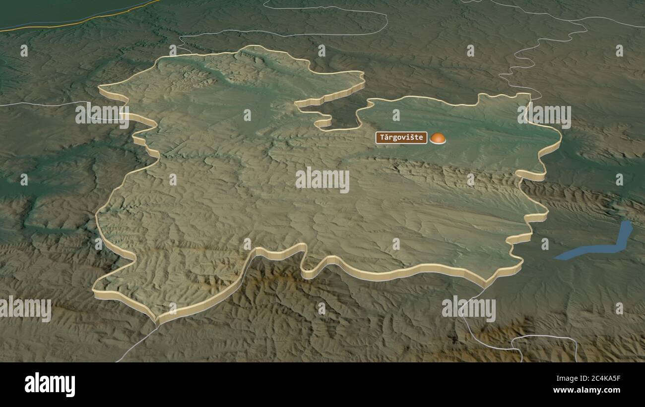 Zoom in on Targovishte (province of Bulgaria) extruded. Oblique ...