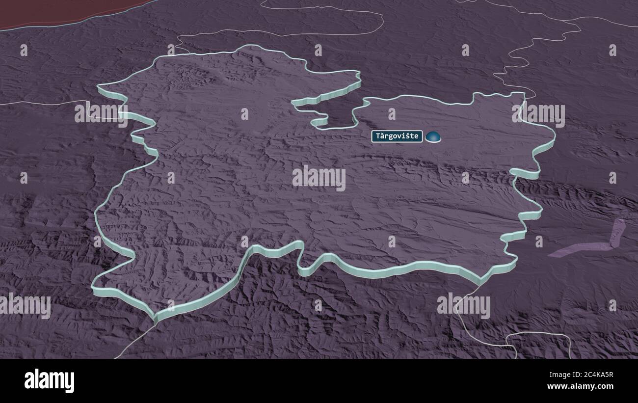 Zoom in on Targovishte (province of Bulgaria) extruded. Oblique ...