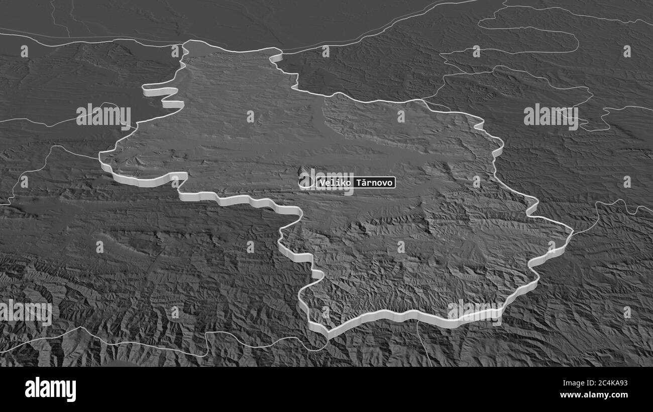 Zoom in on Veliko Tarnovo (province of Bulgaria) extruded. Oblique ...