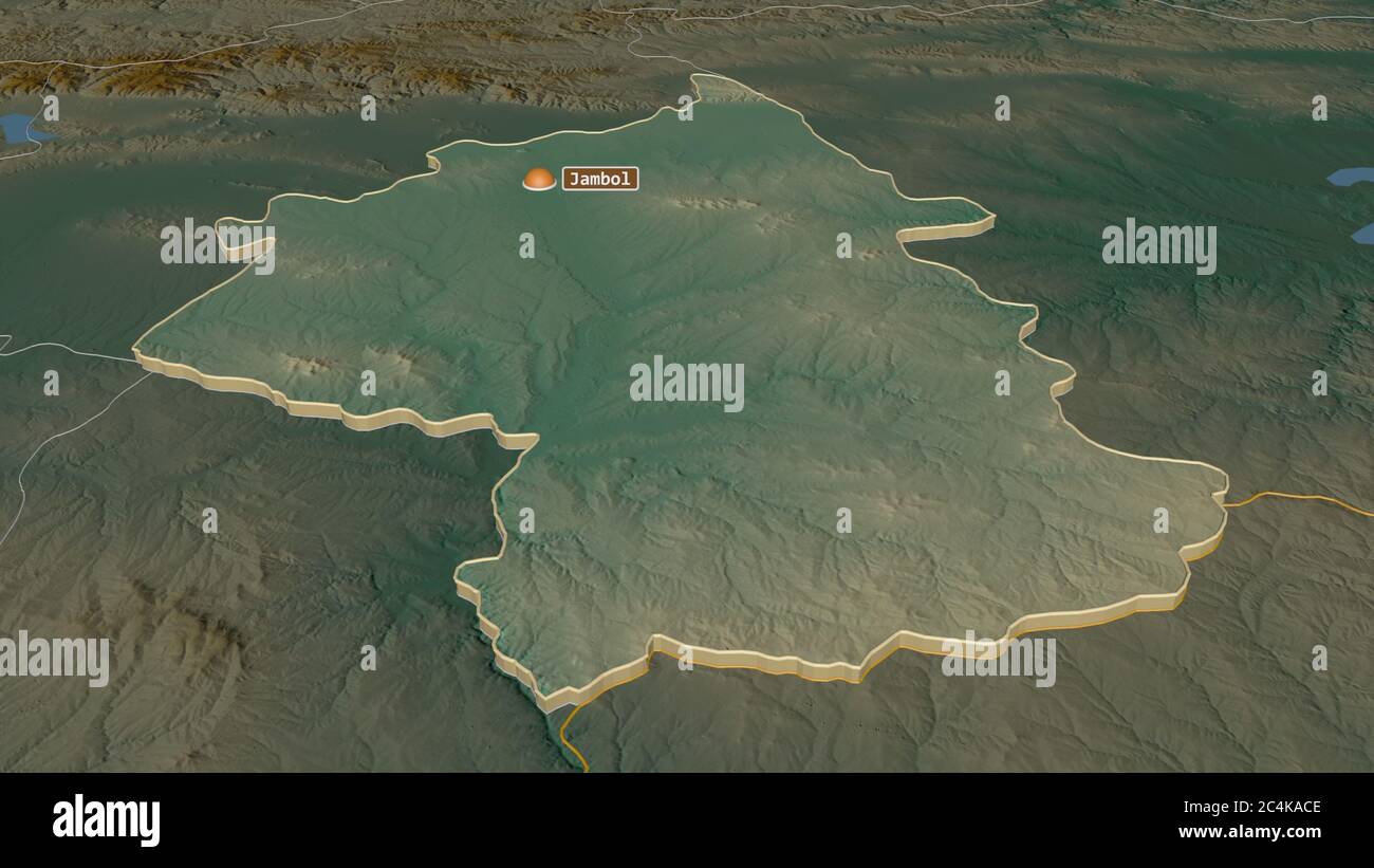 Zoom in on Yambol (province of Bulgaria) extruded. Oblique perspective ...