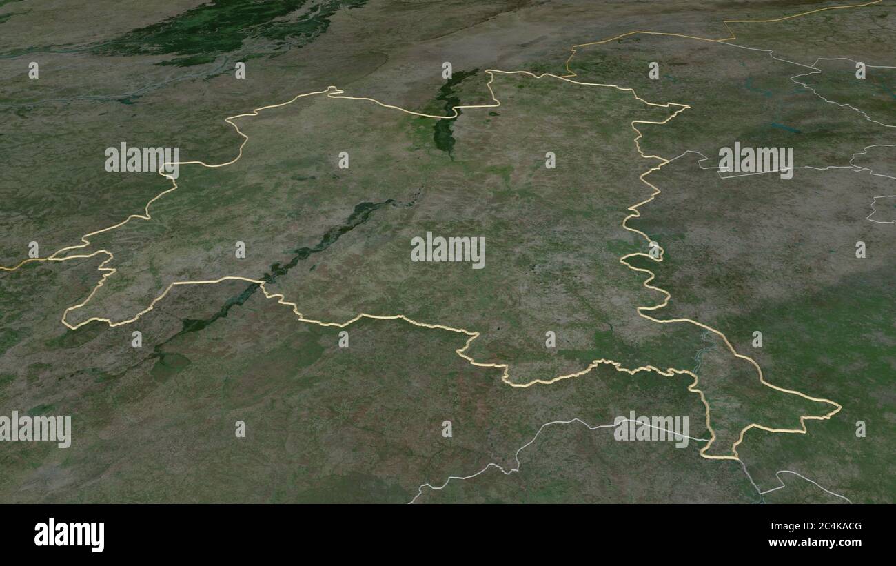 Zoom in on Boucle du Mouhoun (region of Burkina Faso) outlined. Oblique ...