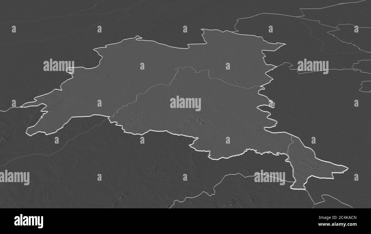 Zoom in on Boucle du Mouhoun (region of Burkina Faso) outlined. Oblique ...