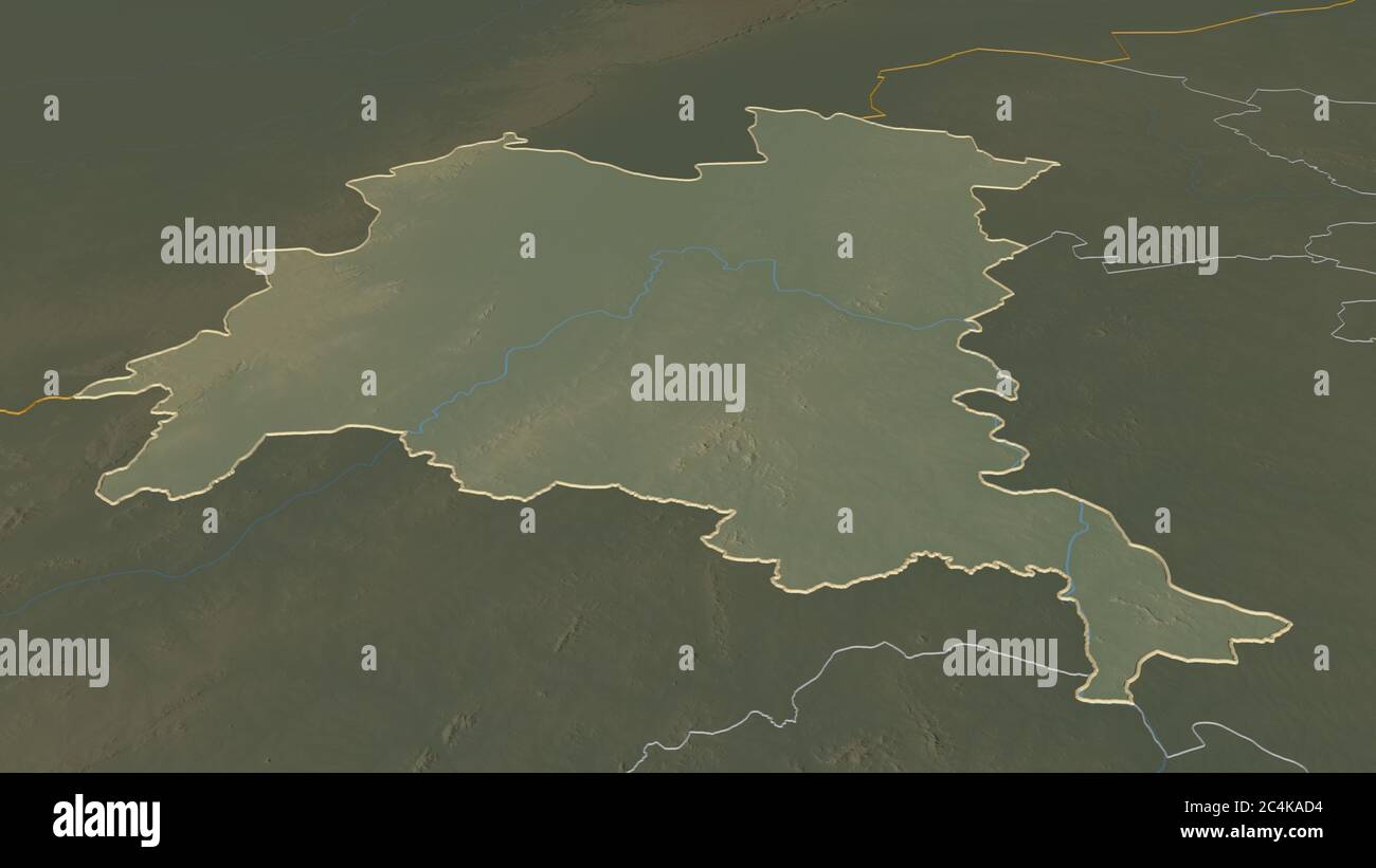 Zoom in on Boucle du Mouhoun (region of Burkina Faso) outlined. Oblique ...