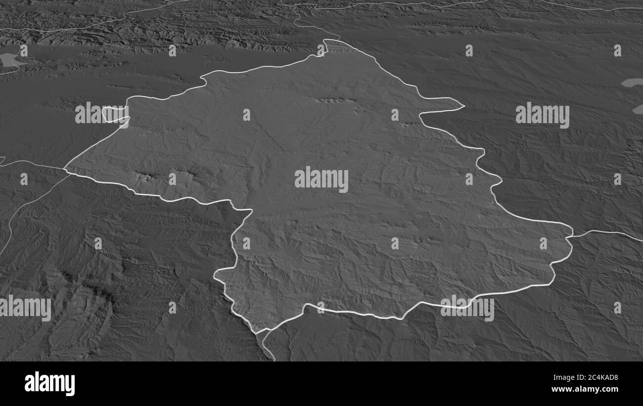 Zoom in on Yambol (province of Bulgaria) outlined. Oblique perspective ...