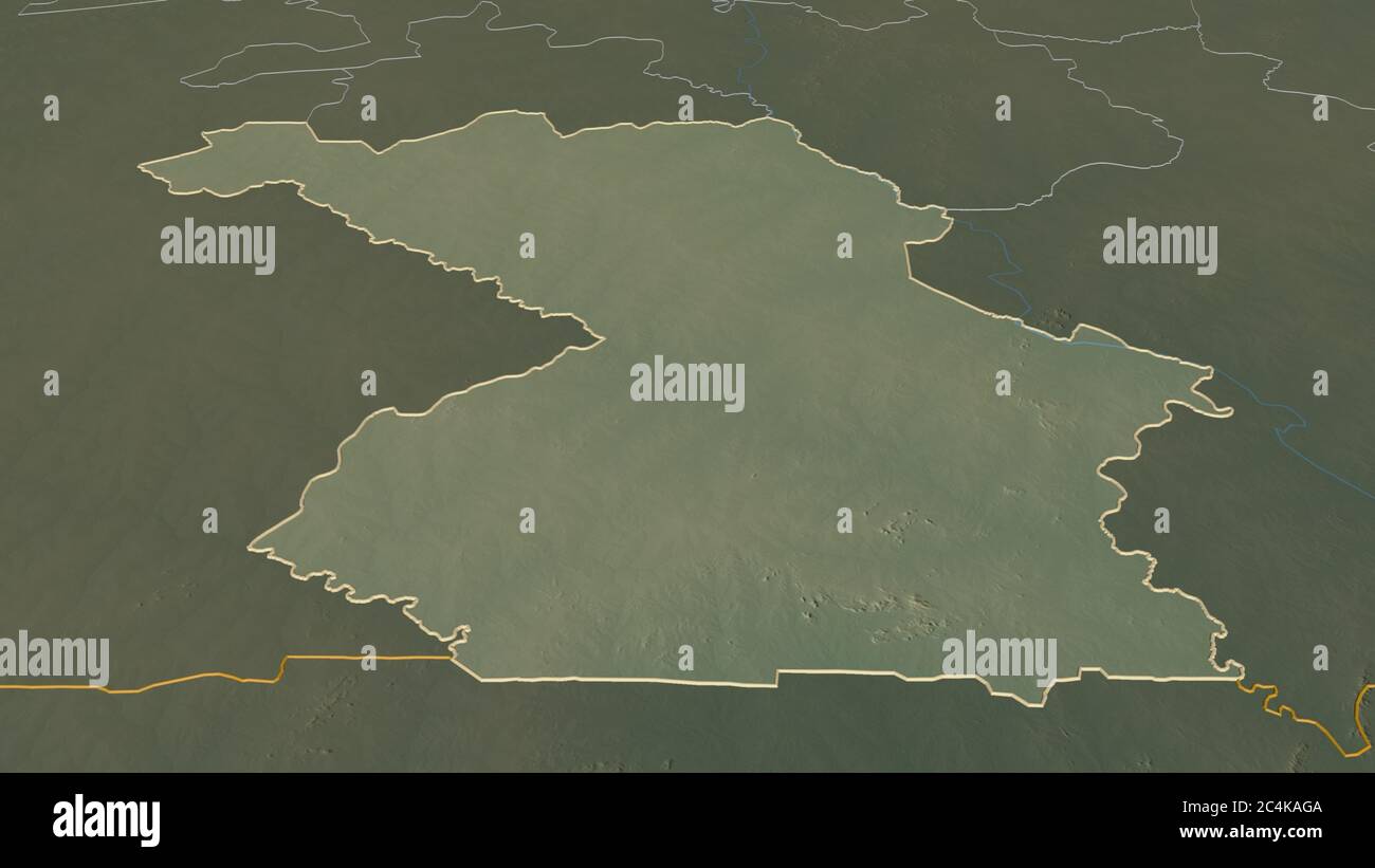Zoom in on Centre-Sud (region of Burkina Faso) outlined. Oblique ...