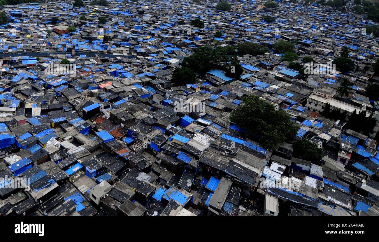 (EDITORS NOTE: image taken with a drone)Aerial view of a slum colony ...
