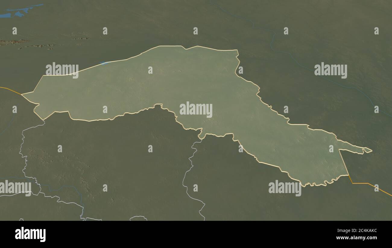 Zoom in on Sahel (region of Burkina Faso) outlined. Oblique perspective ...