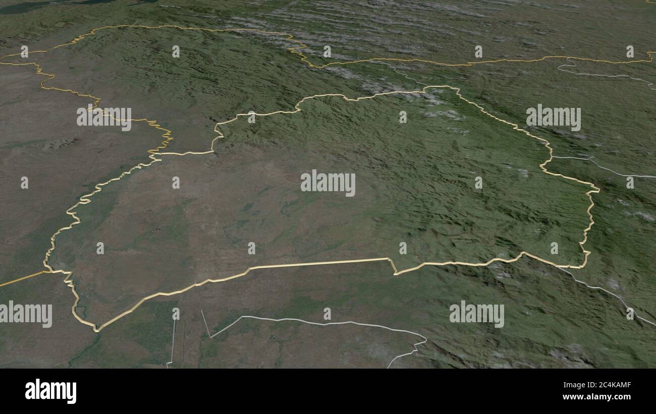 Zoom in on Bubanza (province of Burundi) outlined. Oblique perspective ...