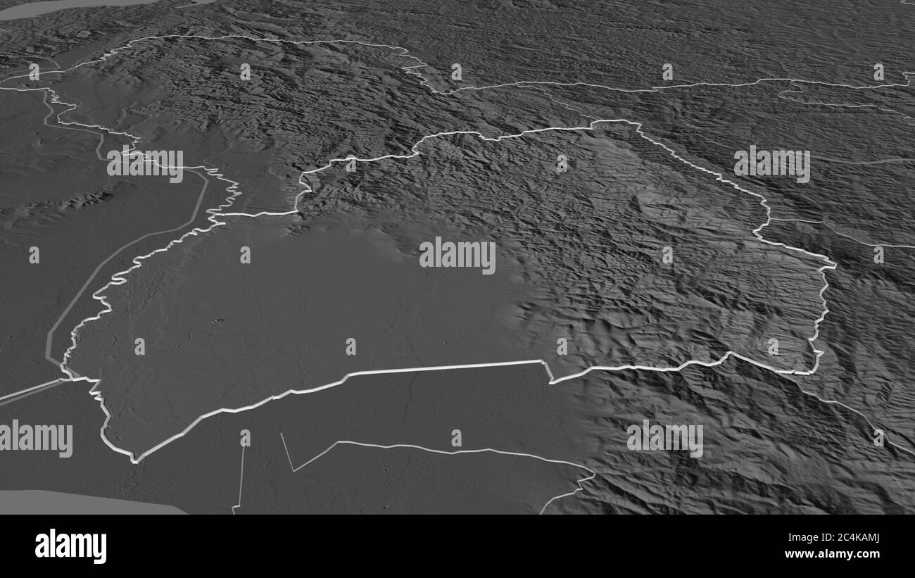 Zoom in on Bubanza (province of Burundi) outlined. Oblique perspective ...