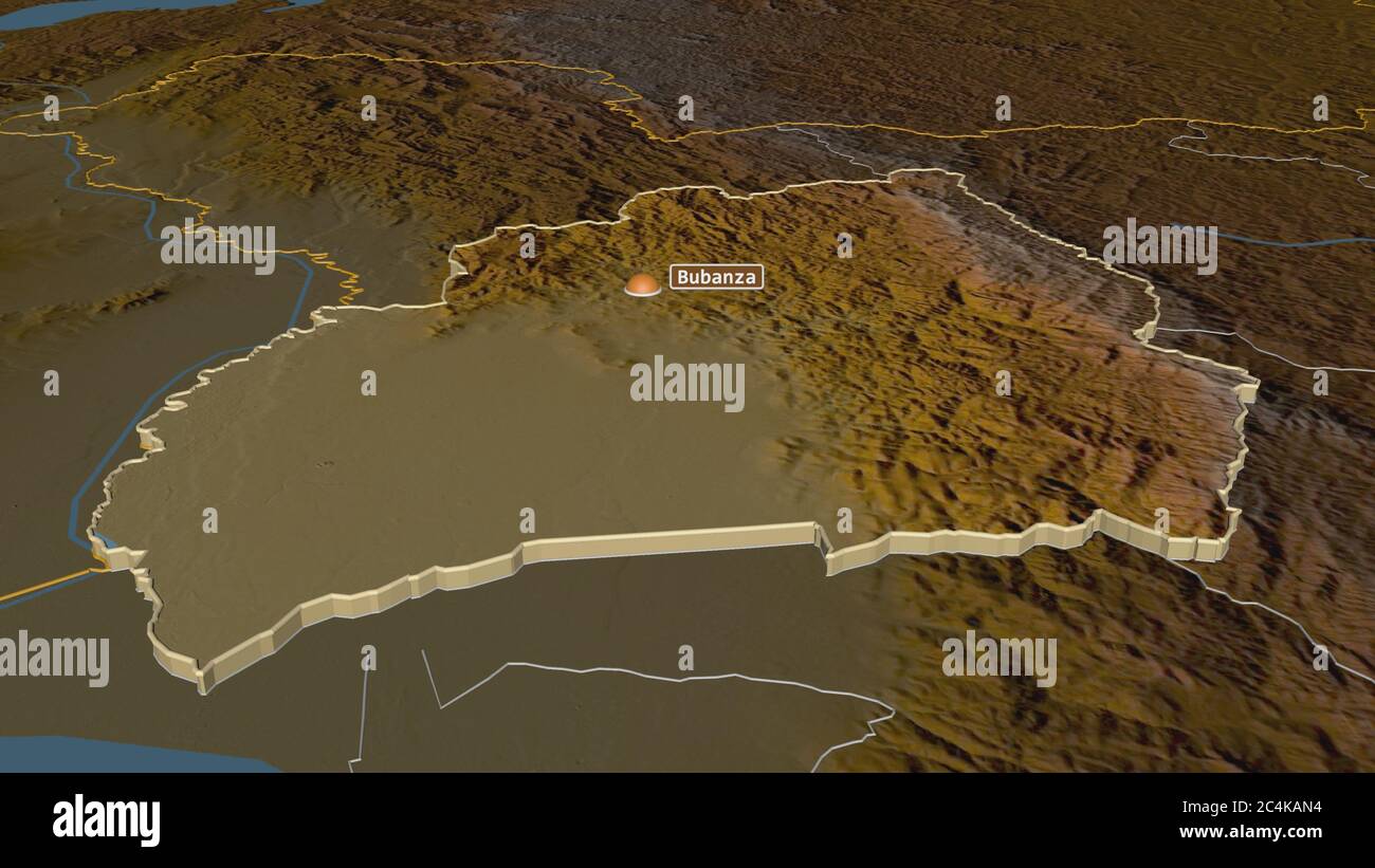 Zoom in on Bubanza (province of Burundi) extruded. Oblique perspective ...