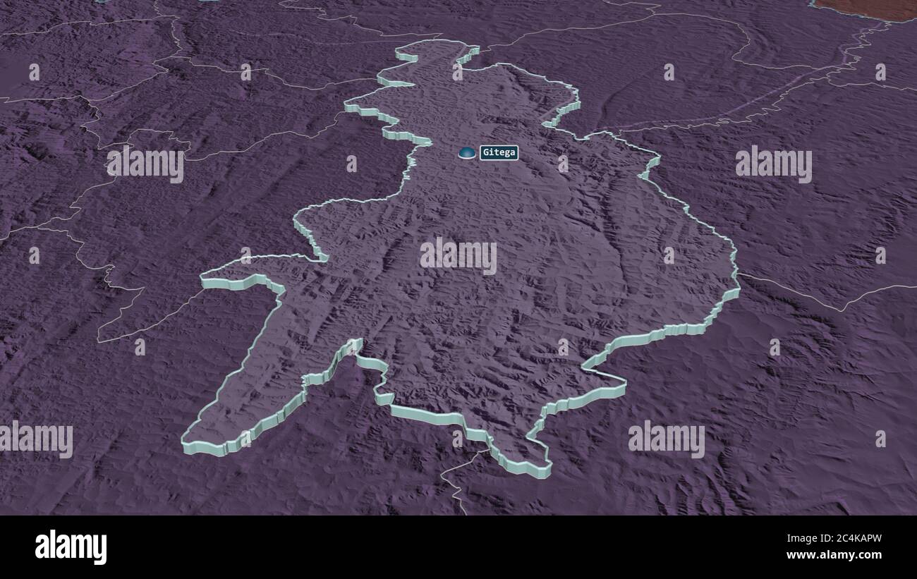 Zoom in on Gitega (province of Burundi) extruded. Oblique perspective ...