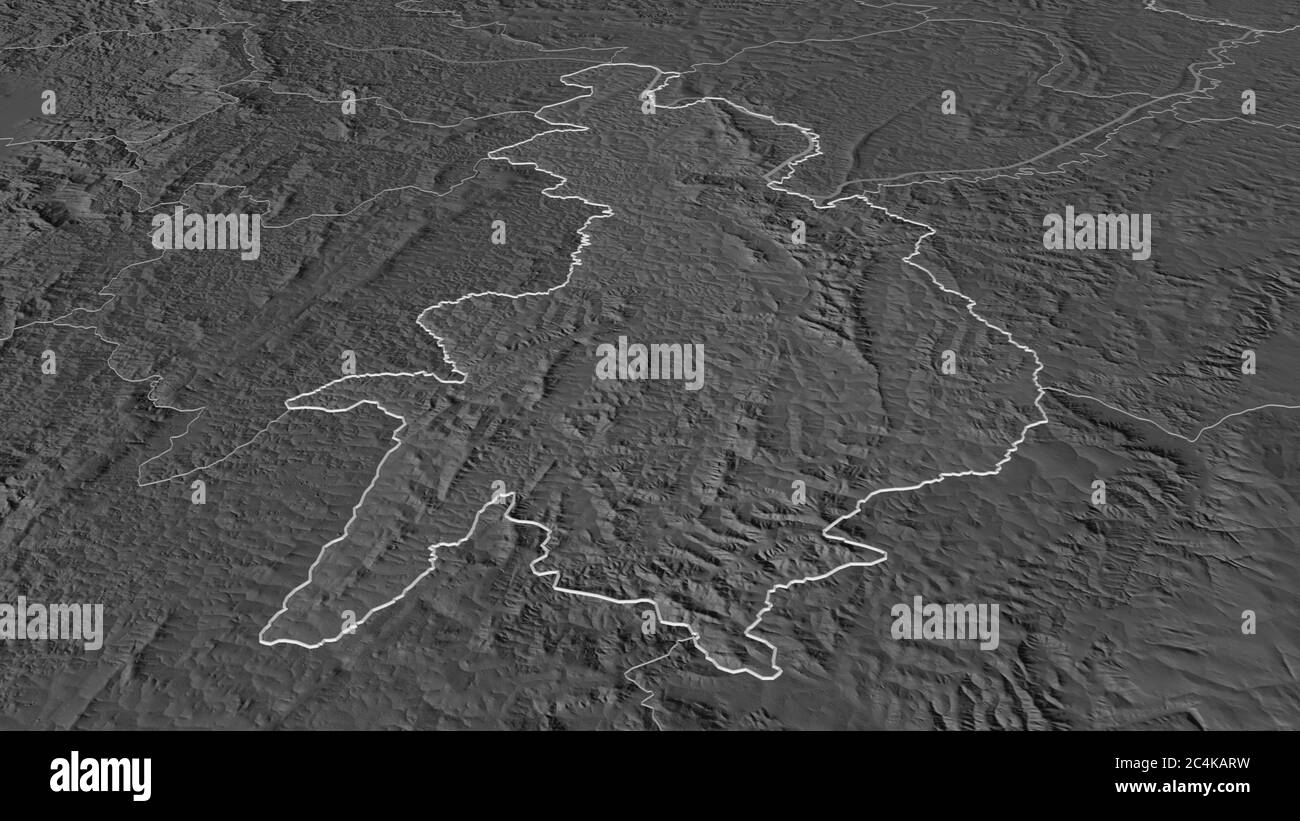 Zoom in on Gitega (province of Burundi) outlined. Oblique perspective ...