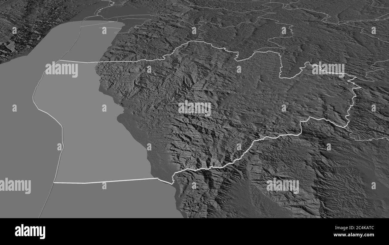 Zoom in on Bururi (province of Burundi) outlined. Oblique perspective ...