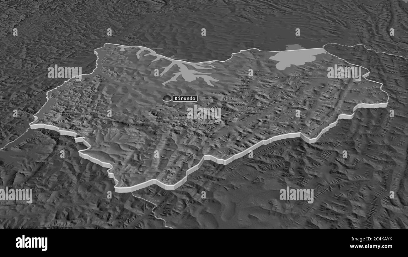 Zoom in on Kirundo (province of Burundi) extruded. Oblique perspective ...