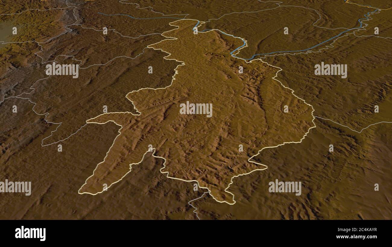 Zoom in on Gitega (province of Burundi) outlined. Oblique perspective ...
