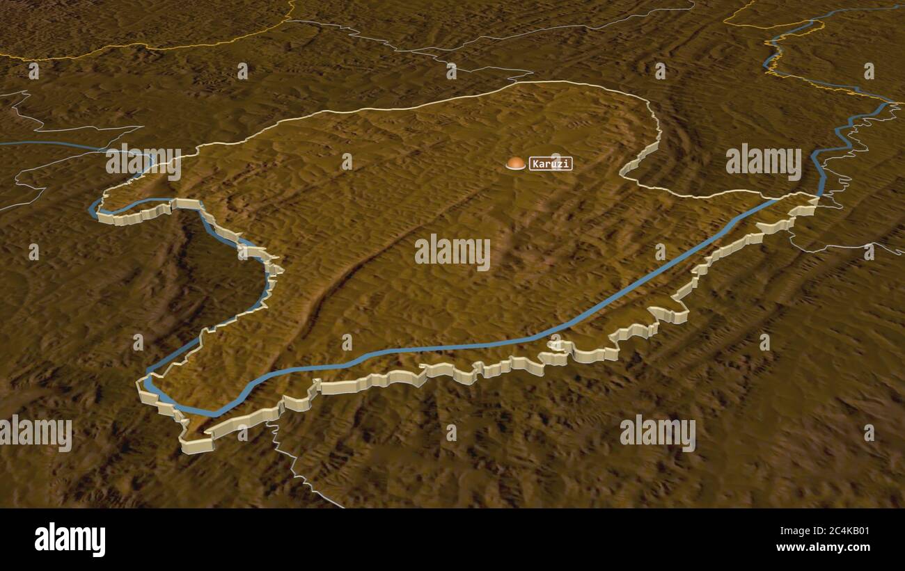 Zoom in on Karuzi (province of Burundi) extruded. Oblique perspective ...