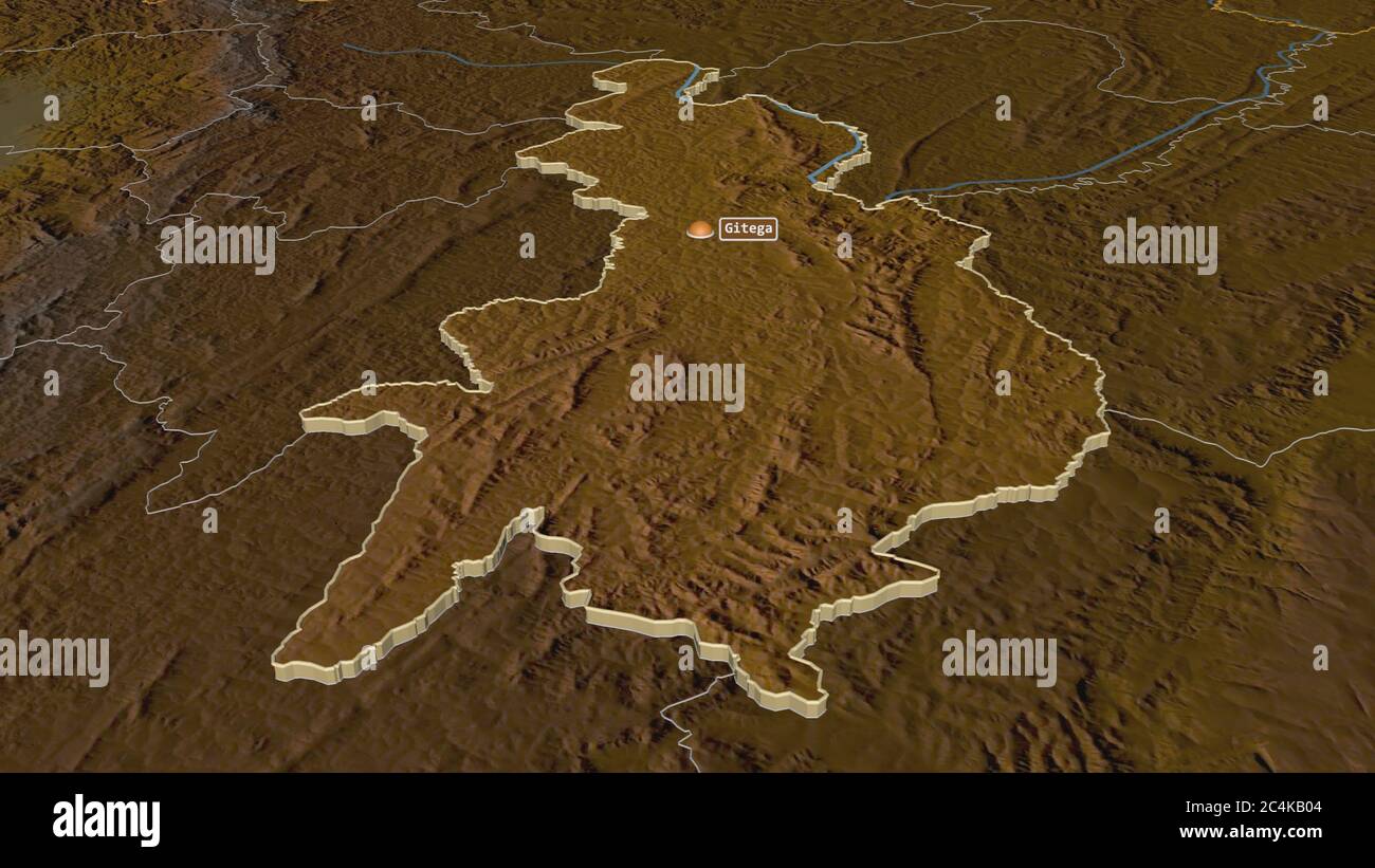 Zoom in on Gitega (province of Burundi) extruded. Oblique perspective ...