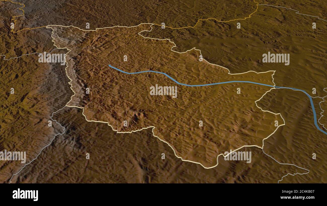 Zoom in on Kayanza (province of Burundi) outlined. Oblique perspective ...